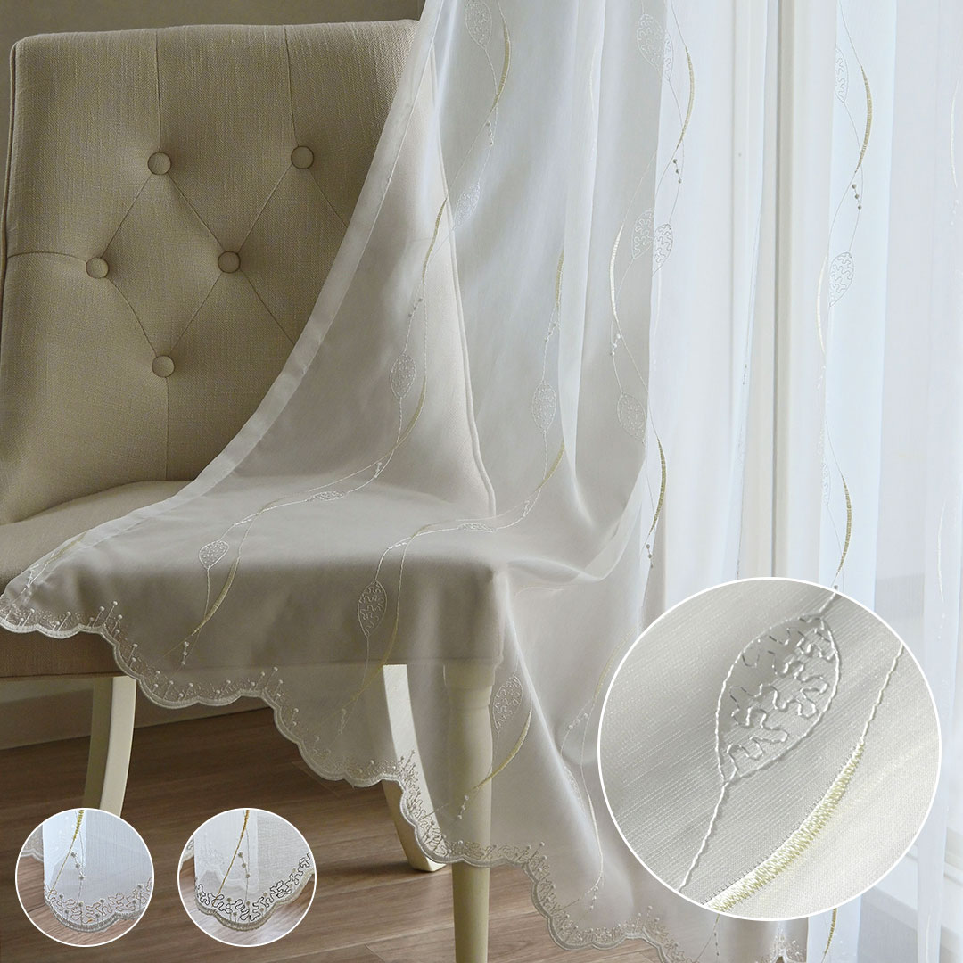 【オーダー】トルコレースカーテン　ロジック ゴールドとホワイトの縦に流れるような 美しい曲線刺繍レースカーテン 本場のトルコから取り寄せた総刺繍トルコレースカーテン ゴールドのラインと葉っぱのような刺繍が組み合わさり優雅で落ち着いたデザイン...