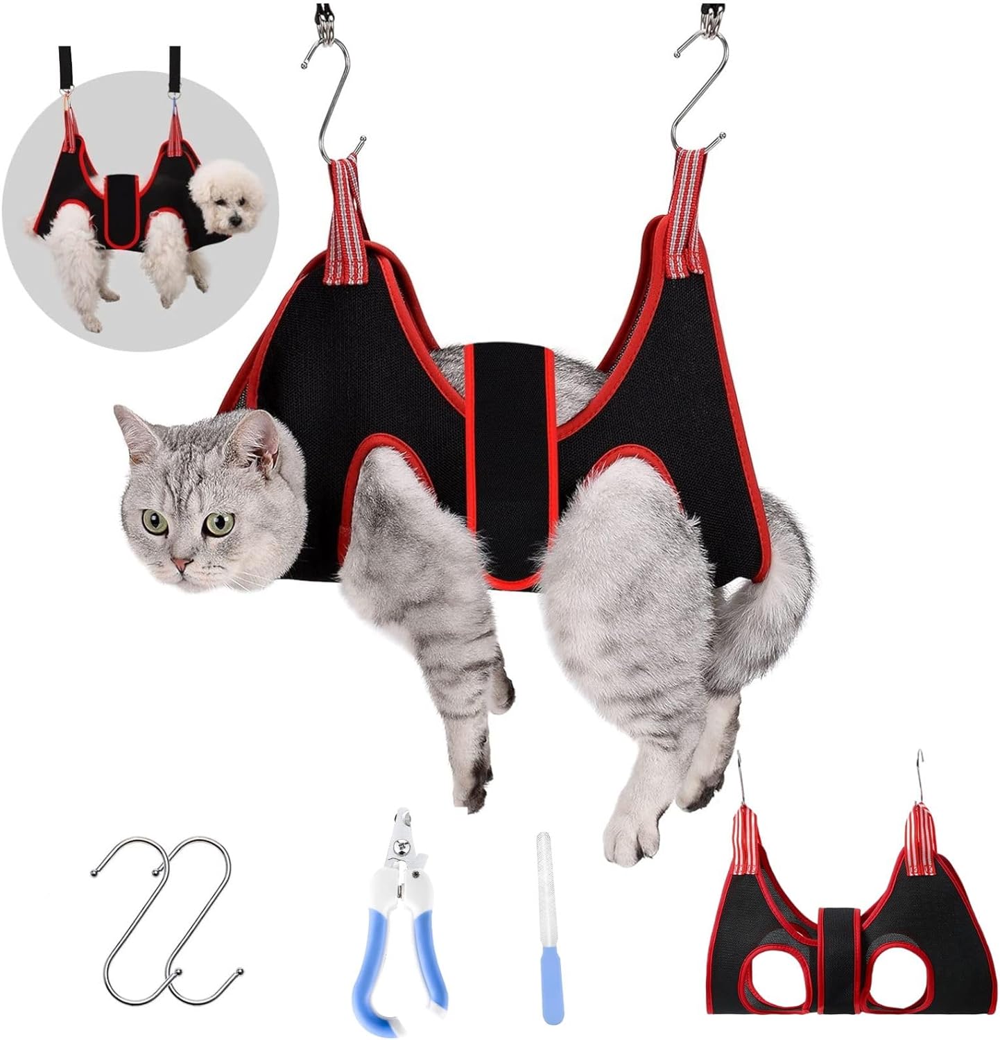 【パッケージ内容】トリミングハンモック*2個 S字フック*2個 犬 猫 爪切り*1個 爪やすり*1個【多機能ハンモック】ペット美容ハンモックは，爪の手入れ，美容，入浴，ドライヤーの乾かし，目や耳の健康，注射，各種指標のチェックなどに使われま...