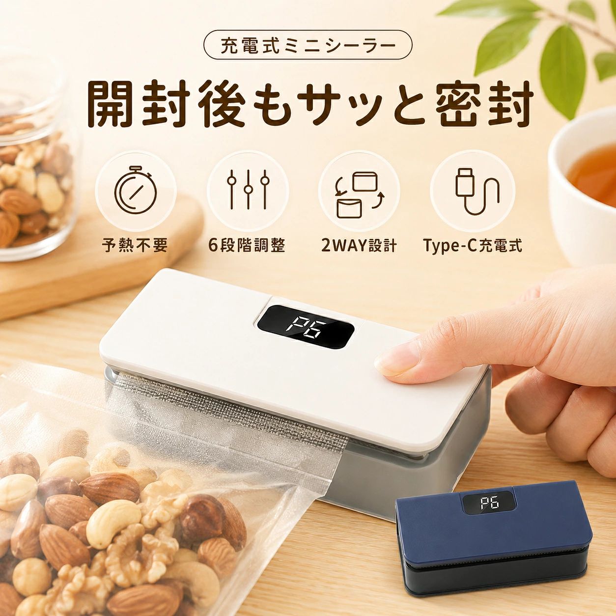 商品情報商品名充電式ミニシーラーカラーホワイト、ネイビー本体サイズ約125×65×49mm重量約175g電池容量1600mAh温度調整6段階充電方式Type-C充電式シール幅約95mm機能シール / カット表示LED表示収納マグネット付き開...