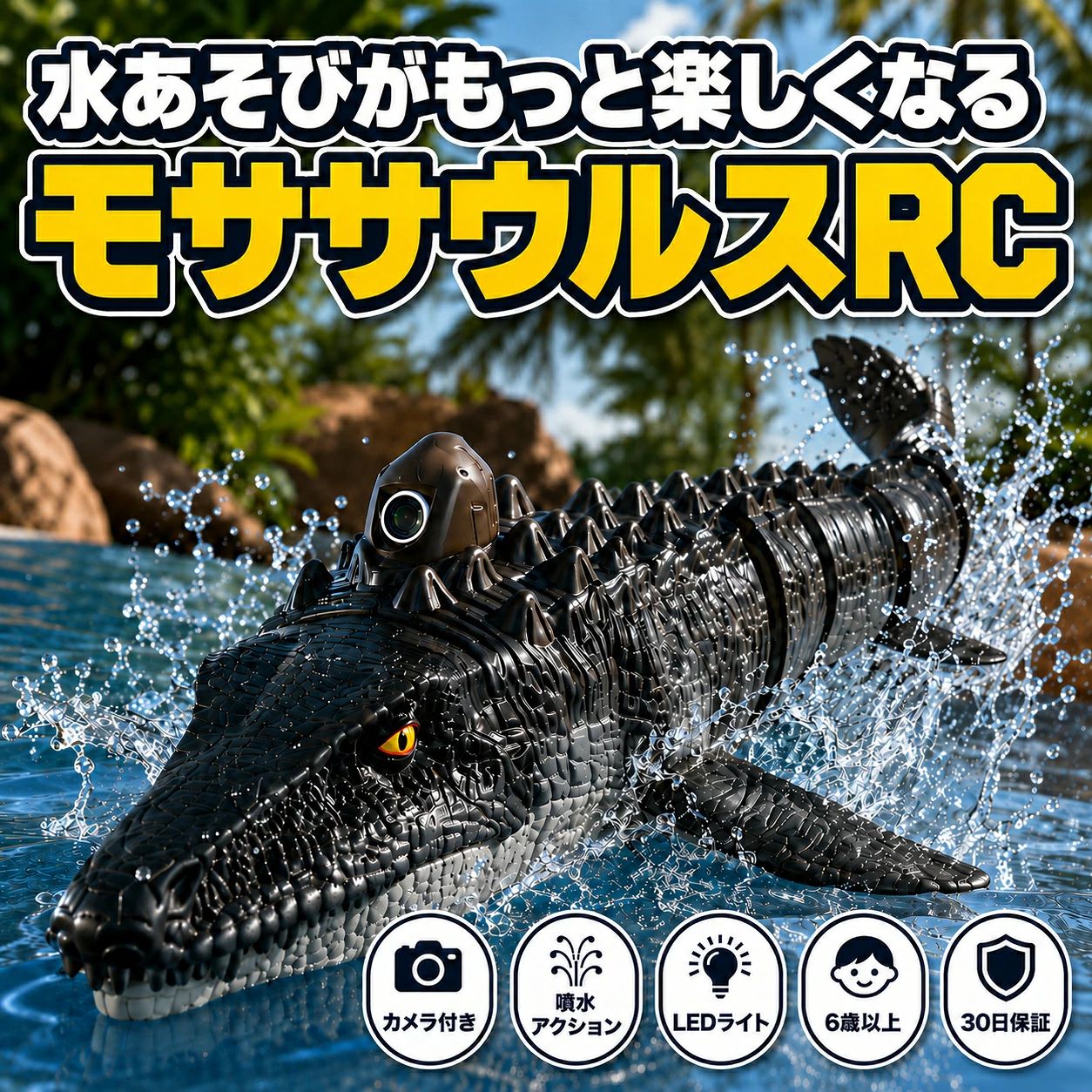 商品情報商品名モササウルスRCウォータートイ対象年齢6歳以上サイズ約14.5×39×8cm電池交換式専用電池電池容量1200mAh操作方法コントローラー操作主な機能カメラ付き / 噴水アクション / LEDライト / ダブルモーター / 水...