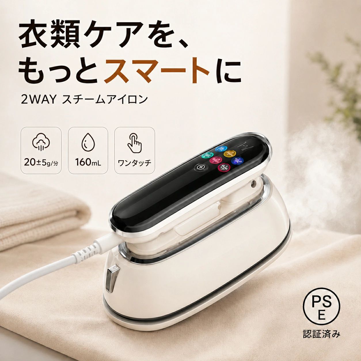 商品情報商品名スチームアイロンタイプ衣類スチーマー／ハンディアイロン使用方法ハンガースチーム、平置きプレス生地別モードドライ、シルク、カシミヤ、コットン・リネン、ナイロン水タンク容量約160mL本体重量約750g本体サイズ約173×83×1...
