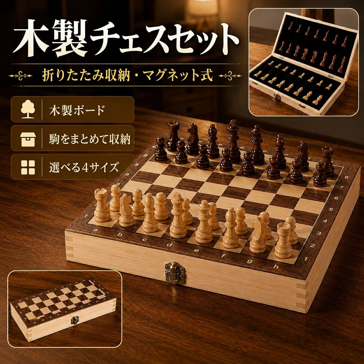 商品情報商品名木製チェスセット材質木製仕様折りたたみ式 / マグネット式駒 / 金属ロック付き / 座標付き盤面サイズ展開Sサイズ / Mサイズ / Lサイズ / XLサイズSサイズ盤面約240×240mmMサイズ盤面約290×290mmL...