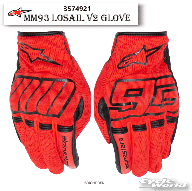 ◆3574921　MM93 LOSAIL v2 GLOVE◆◆（3010 BRIGHT RED）◆【マルク・マルケス コラボモデル『MM93』シリーズ】・スパンデックス素材を使用した柔軟で軽量な街乗りグローブがMM93シリーズで新登場。・イ...
