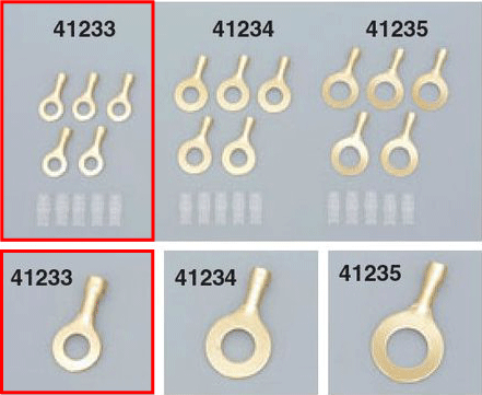 LA106（φ6）丸型端子、スリーブ各5個のセット。材質：黄銅。表面処理：防錆処理。適応電線サイズ：AVまたはAVS0.5～2.0。