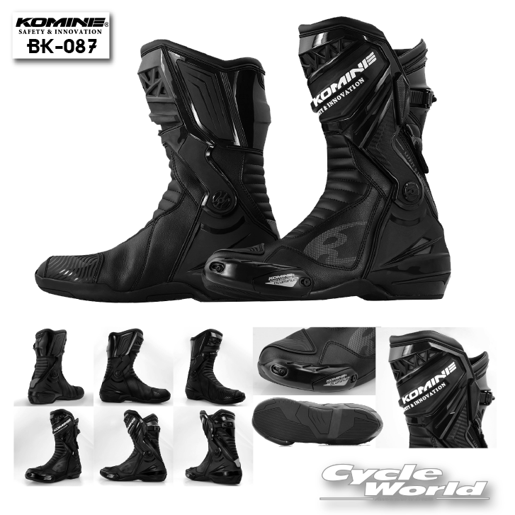 ◆BK-087 スプリームレーシングブーツ◆保護性能に優れるレーシングブーツ。脛から踵をガードするプロテクターにはヒンジを設け、足の動きを妨げない構造。アルミ製トゥースライダーと、ヒール部分にはリフレクターを装備。SIZES:25・25.5...