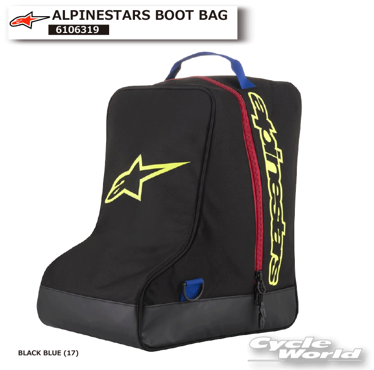 ◆ALPINESTARS BOOT BAG《6106319》◆カラー：BLACK BLUE (17)サイズ：高さ:43cm / 長さ:37cm / 幅:26cm・耐久性に優れた600デニールのポリエステル生地。ベースと底部分はターポリン(織...