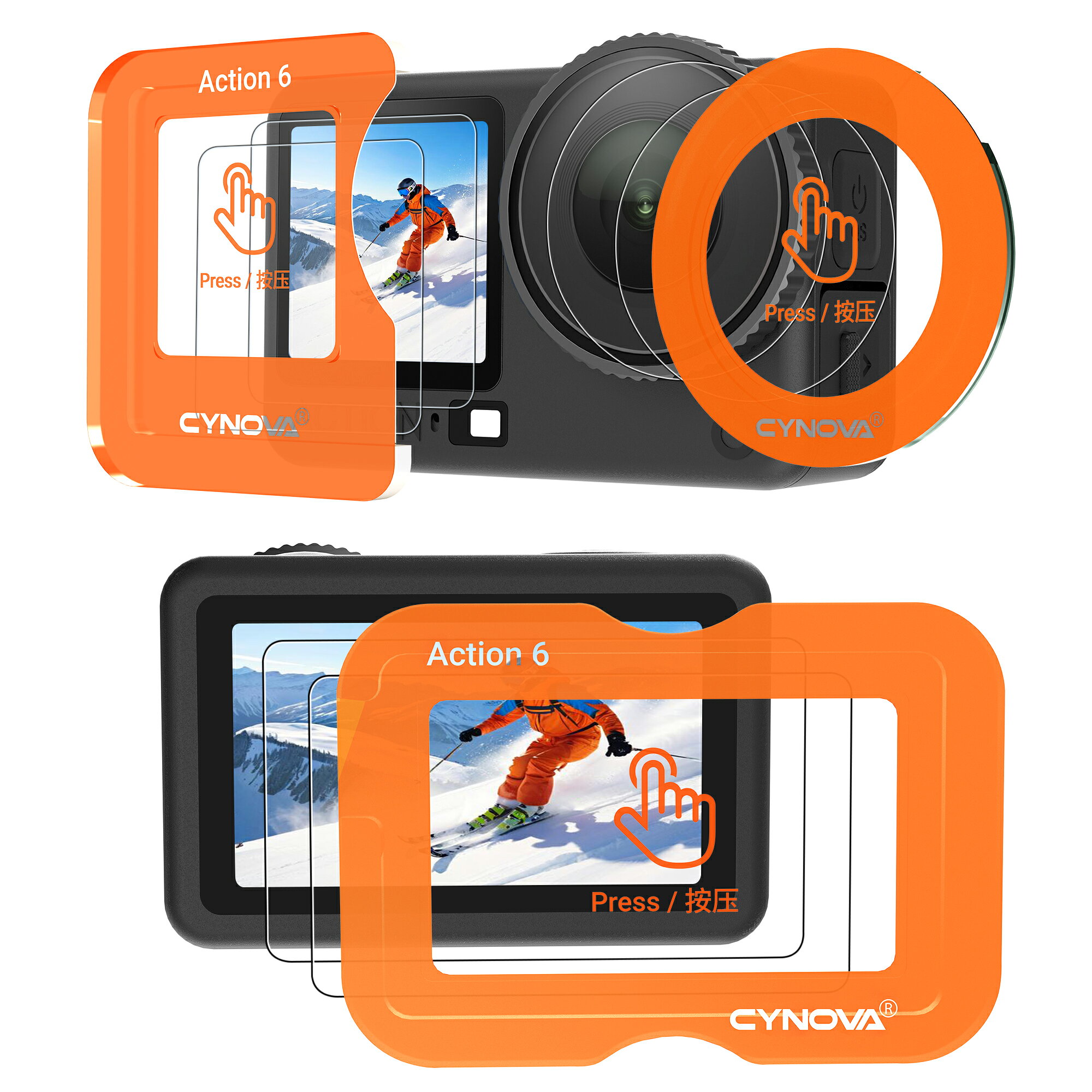 CYNOVA CAMERA ACCESSORY DJI Osmo Action 6 専用9H強化ガラス 保護フィルム 貼り付けの失敗を減らして、画面もレンズもクリアに保護。専用位置合わせキット付き 2＋2＋2枚セット DJI Osmo Ac...