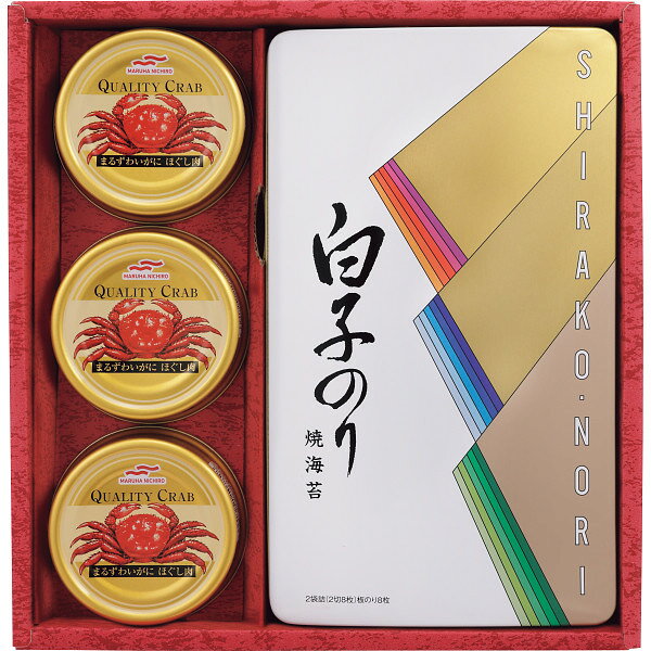 商品説明ギフトの定番、のりとかに缶の詰合せ●焼のり2袋詰(2切8枚)、まるずわいがにほぐし肉55g×3ITEM INFORMATIONJAN4901673011361アレルギー表示特定原材料かに