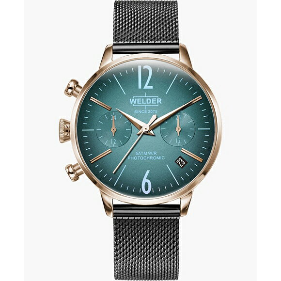 メーカー：WELDER ウェルダー製品名：WWRC716防水：5気圧防水ケースサイズ： 横（リューズ含めず）×縦×厚み：約φ36mm（リューズ除く）バンド素材：ステンレススティール（PVD）ガラス素材：フォトクロミック加工ミネラルガラスケー...