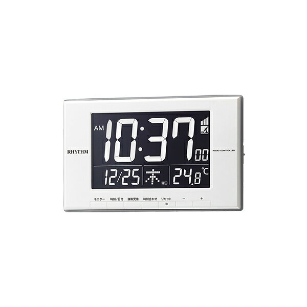 メーカー：RHYTHM リズム製品名：8RZ209SR03JANコード：4903456214952素材：プラスチック枠重量：270gサイズ：120×194×21mmカラー：03 白商品説明：AC電源式の電波時計。大きな液晶に、文字と背景のコ...