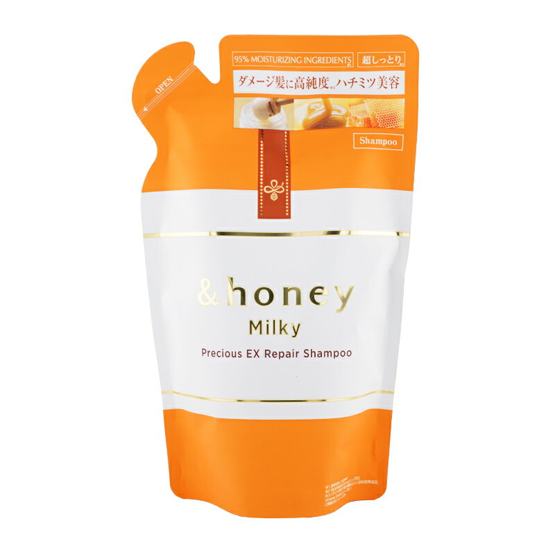 JAN 4589546897146 濃密ダメージケアが叶う「&honey Milky」が登場！ 【商品名/内容物】 &honey アンドハニーミルキー プレシャス EX リペアシャンプー1.0 385mL 詰替え アップルスウィートハニーの...