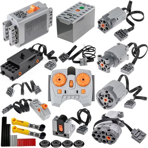 このセットには、AA電池ボックス*1(8881)、AAA電池ボックス*1(88000)、IR調節可能速度リモコン*1(8879)、IR受信機*1(8884)、中型モーター*1(8883)、大型モーター*1(88003)、特大モーター*1(8...