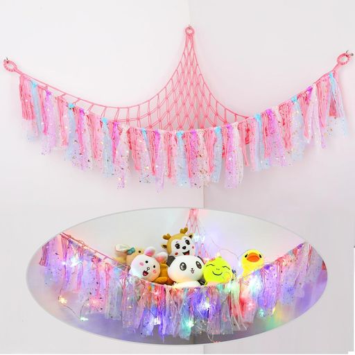 【ぬいぐるみの保管】カラフルなレースタッセルで飾られたおもちゃのオーガナイザー、そして夜の光として使用できるLEDライトが付いています。 【スペースを節約】壁掛けのデザイン、私たちの動物のハンモックは壁の隅に吊るすことができ、余分な床面積を...