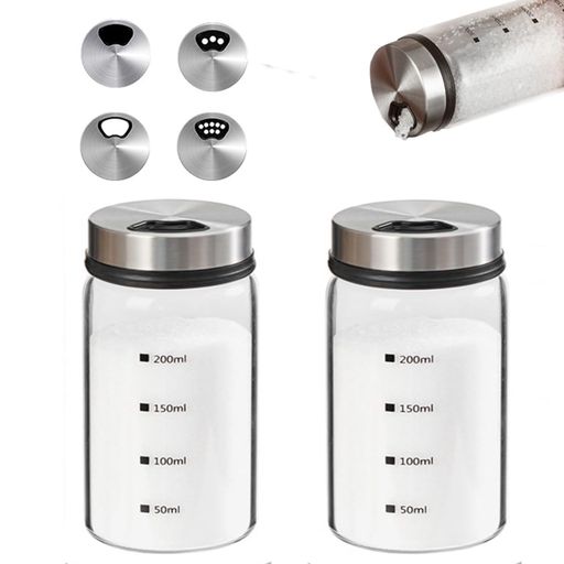 セット内容:透明調味料ボトル2個製品サイズ:6*10.3cm、150ml。 【用途】:塩、砂糖、コショウ、クミン、チリ、MSG、その他の調味料に使用できます。 食品グレードの安全素材:厳選された高シリコンボロン耐熱ガラスボトル本体、304ス...