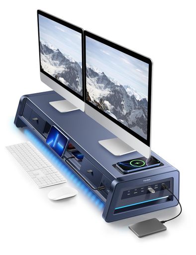 13-in-1 デュアルモニタースタンド ライザー:Vaydeer の多機能スタンドは、デュアルモニターライザー、スマホ専用置き場、8つのUSBポート(4つは高速データ転送、4つは標準データ転送)、LEDライトストリップ、収納引き出しを備え...
