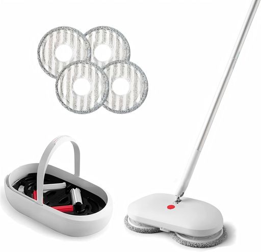 【自動洗浄機能搭載のデザイン】収納スタンドに置き、ワンタッチを押すと、電動モップのローラーは自動洗浄と脱水が可能。全使用過程は手洗い必要なく、手を守ってくれます。低ノイズで夜中でも自由に床掃除できる。 【床掃除モップパッド・清潔能力が強い】...