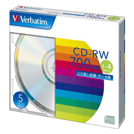 品種:データ用 CD-RW 容量:700MB くり返し記録用 盤面印刷:x(シルバーディスク) 倍速:1-4倍速、ケース:5mmスリムケース、入り数:5枚