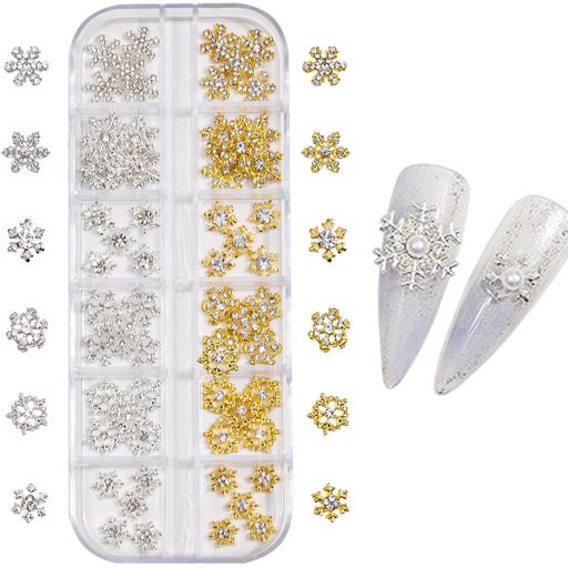 【仕様】:雪花ネイルアクセサリー1箱入り、全部で60個。6種類の形状のスノーアクセサリーが含まれ、カラーはゴールド、シルバーです。 【製品マテリアル】:このネイルパーツは良質な合金で作られ、キラキラしたラインストーンを組み合わせて、優雅でス...