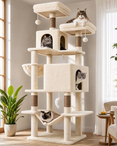 クライミング ベースサイズ:55cmx50cm、全高:194cm。 スリムなデザイン、省スペース、重量18.7kg、体の大きな猫や成猫に最適。 【猫の遊び場】この美しくデザインされたキャットタワーは登り降りしやすく、オールラウンドに機能的で...