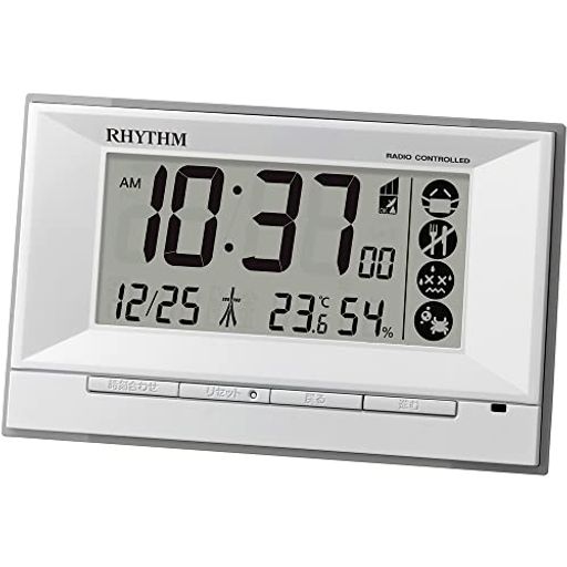 サイズ:8.8x14.3x4.2cm 使用電池:単3形x2本(別売) ムーブメント:電波時計 アラーム音:電子音 温度表示:-9.9~50°C 湿度表示:20~95% 秒針:デジタル秒針 素材・材料:プラスチック