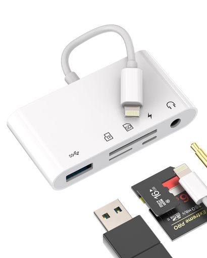【5 in 1 強力な機能】フラッシュカードデータ移行保存転送かーどりーだー,5 つのポートがあります: USB OTG ポート + SD/TF メモリカード 2 つのカードスロット + 高速充電ポート + 3.5mm ヘッドホンポート、ア...