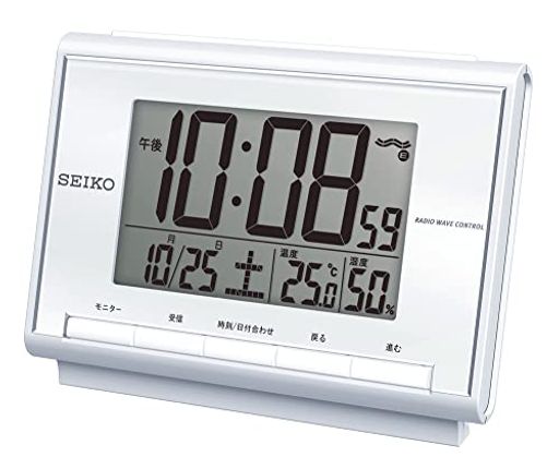 メーカー型番:SQ698S 本体サイズ:8.5x12.0x4.8cm 本体重量:0.18kg 素材・材質:プラスチック枠(白パール) 生産国:中国 ムーブメント:電波修正機能(40kHz/60kHz自動選局)/電波OFF機能つき 2099年...