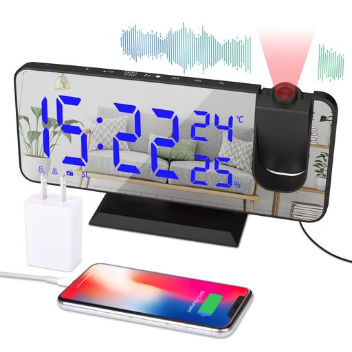 【180°投影目覚まし時計】180°調節可能なプロジェクター(-90°~90°)、7.3インチの超大型LEDディスプレイ投影目覚まし時計、ベッドに横たわっている間は天井の時間を簡単に読み取ることができ、寝室から30フィート以内の時間をはっき...