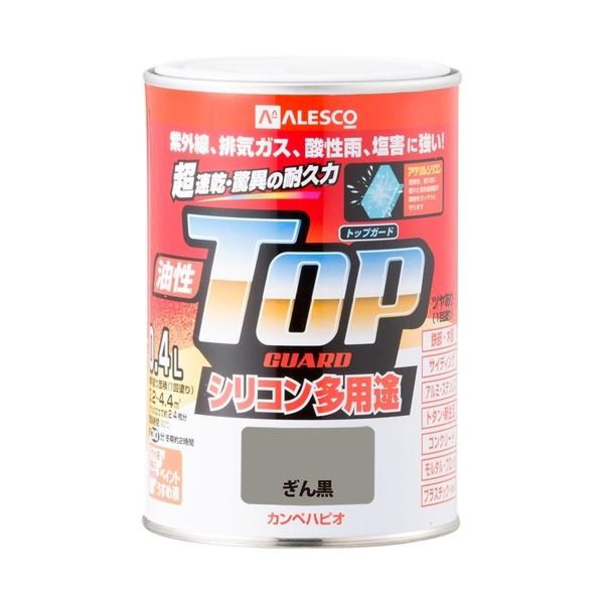 カンペハピオ シリコン樹脂配合多用途塗料 油性トップガード 特長 ●アクリルシリコン樹脂により紫外線、排気ガス、酸性雨、塩害の汚れに強い強靭な塗膜を形成。 ●アクリルシリコン樹脂をベースに光安定剤、高級顔料を使用することにより、優れた光沢保...