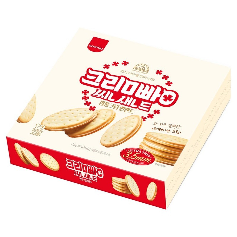 サムリプクリームパン 正統クリーム 薄焼きパン 12個入り 113g1個あたりの内容量です。直射日光や高温多湿を避けて保存してください。韓国で親しまれているパンです。