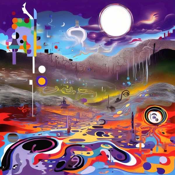 最初の商品画像がポスターの全体図です．2 番めの商品画像として中央部分の拡大図をのせています． 【GPT5/4o による解説】 (正確でない場合がありますので，ご注意ください.) この絵は，抽象表現主義とシュルレアリスムの影響を受けた作品の...