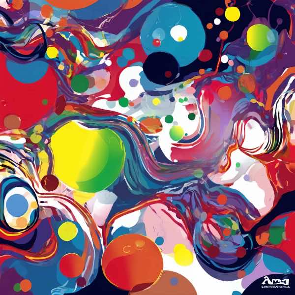 最初の商品画像がポスターの全体図です．2 番めの商品画像として中央部分の拡大図をのせています． 【GPT5/4o による解説】 (正確でない場合がありますので，ご注意ください.) この絵は，抽象表現主義やポップアートの影響を受けているように...