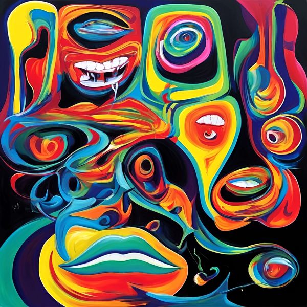 最初の商品画像がポスターの全体図です．2 番めの商品画像として中央部分の拡大図をのせています． 【GPT5/4o による解説】 (正確でない場合がありますので，ご注意ください.) 大胆な原色と滑らかな曲線が黒い背景に鮮烈に浮かび上がる本作は...