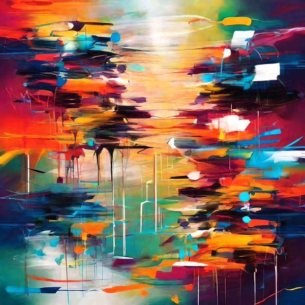 最初の商品画像がポスターの全体図です．2 番めの商品画像として中央部分の拡大図をのせています． 【GPT5/4o による解説】 (正確でない場合がありますので，ご注意ください.) この絵は，赤やオレンジ，青やエメラルドが勢いよく交差し，水平...