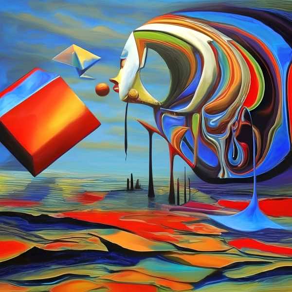 最初の商品画像がポスターの全体図です．2 番めの商品画像として中央部分の拡大図をのせています． 【GPT5/4o による解説】 (正確でない場合がありますので，ご注意ください.) 鮮やかな赤と青が主役となり，液体のように溶けた形がうねりなが...