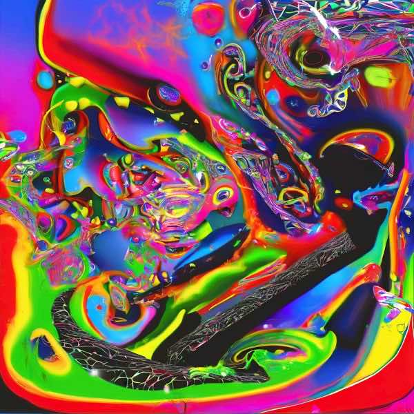 最初の商品画像がポスターの全体図です．2 番めの商品画像として中央部分の拡大図をのせています． 【GPT5/4o による解説】 (正確でない場合がありますので，ご注意ください.) この絵は，非常に鮮やかな色彩と流動的な形状が特徴的で，サイケ...