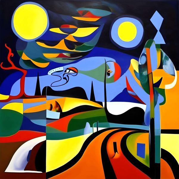 最初の商品画像がポスターの全体図です．2 番めの商品画像として中央部分の拡大図をのせています． 【GPT5/4o による解説】 (正確でない場合がありますので，ご注意ください.) この絵は，シュルレアリスムとキュビスムの影響を受けた作品のよ...