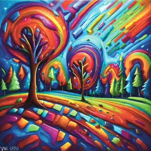 最初の商品画像がポスターの全体図です．2 番めの商品画像として中央部分の拡大図をのせています． 【GPT5/4o による解説】 (正確でない場合がありますので，ご注意ください.) この絵は，鮮やかな色彩と流れるような形状が特徴的で，ポスト印...