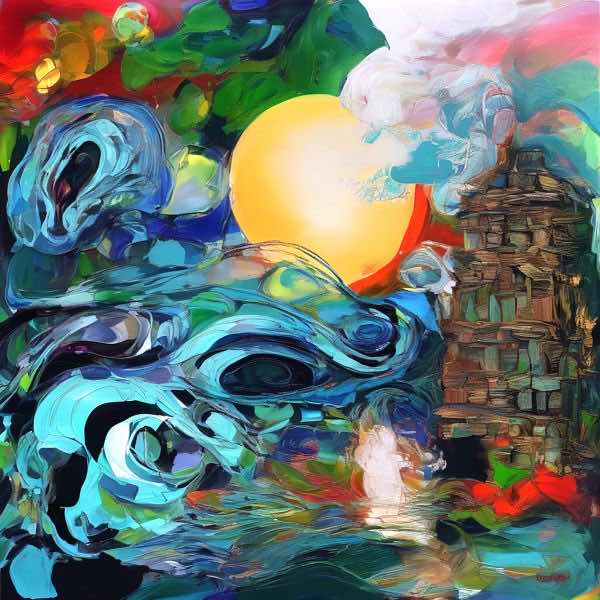 最初の商品画像がポスターの全体図です．2 番めの商品画像として中央部分の拡大図をのせています． 【GPT5/4o による解説】 (正確でない場合がありますので，ご注意ください.) この絵は，印象派と抽象表現主義の影響を受けた作品のように見え...