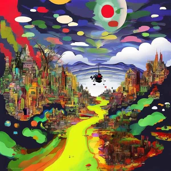 最初の商品画像がポスターの全体図です．2 番めの商品画像として中央部分の拡大図をのせています． 【GPT5/4o による解説】 (正確でない場合がありますので，ご注意ください.) 鮮烈な黄緑の川が画面中央を貫き，左右に広がる都市群を二分して...