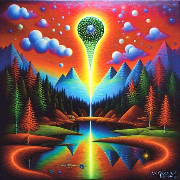 最初の商品画像がポスターの全体図です．2 番めの商品画像として中央部分の拡大図をのせています． 【GPT5/4o による解説】 (正確でない場合がありますので，ご注意ください.) この絵は山々と湖を中心にした風景ですが，現実の色を離れた強い...