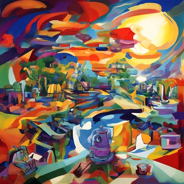 最初の商品画像がポスターの全体図です．2 番めの商品画像として中央部分の拡大図をのせています． 【GPT5/4o による解説】 (正確でない場合がありますので，ご注意ください.) 強烈な色彩と分割された色面で風景を再構成した作品です． 右上...