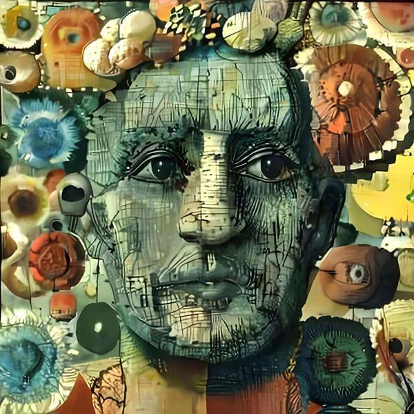 最初の商品画像がポスターの全体図です．2 番めの商品画像として中央部分の拡大図をのせています． 【GPT5/4o による解説】 (正確でない場合がありますので，ご注意ください.) この絵は，中央に無表情の顔が大きく配置され，木目の割れ目や楽...