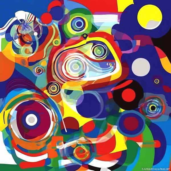 最初の商品画像がポスターの全体図です．2 番めの商品画像として中央部分の拡大図をのせています． 【GPT5/4o による解説】 (正確でない場合がありますので，ご注意ください.) この絵は，鮮やかな色彩と幾何学的な形状が特徴的で，抽象芸術の...