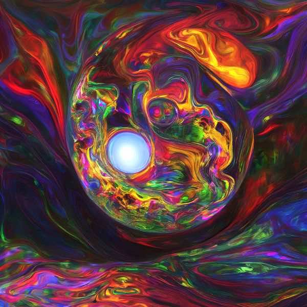 最初の商品画像がポスターの全体図です．2 番めの商品画像として中央部分の拡大図をのせています． 【GPT5/4o による解説】 (正確でない場合がありますので，ご注意ください.) この絵は鮮烈な色彩が流動的に渦を巻く抽象画で，中央の白い光点...