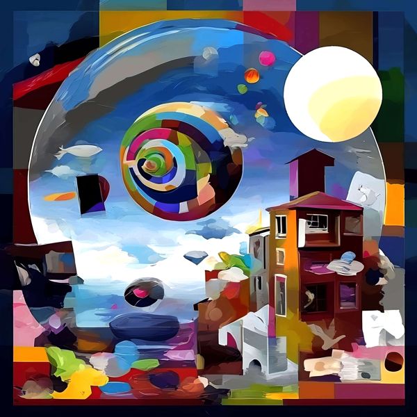 最初の商品画像がポスターの全体図です．2 番めの商品画像として中央部分の拡大図をのせています． 【GPT5/4o による解説】 (正確でない場合がありますので，ご注意ください.) 本作は鮮やかな色彩と幾何学的な形態が同居する幻想的な風景画で...