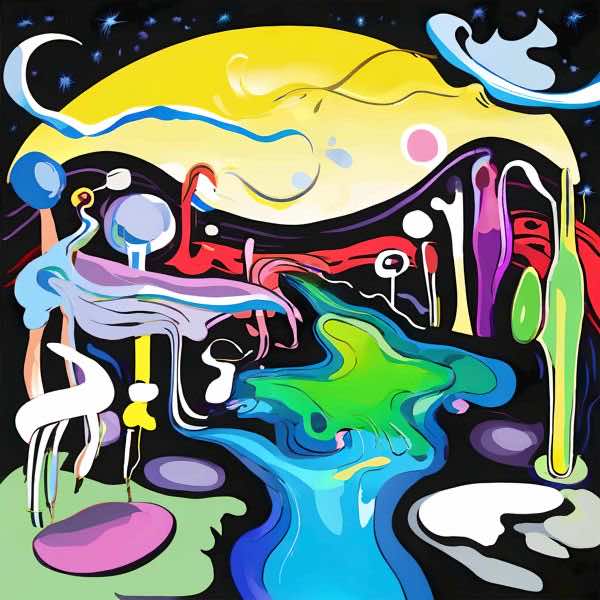 最初の商品画像がポスターの全体図です．2 番めの商品画像として中央部分の拡大図をのせています． 【GPT5/4o による解説】 (正確でない場合がありますので，ご注意ください.) 大きな黄色の円弧が空を満たし，黒い夜に星がまたたいています．...