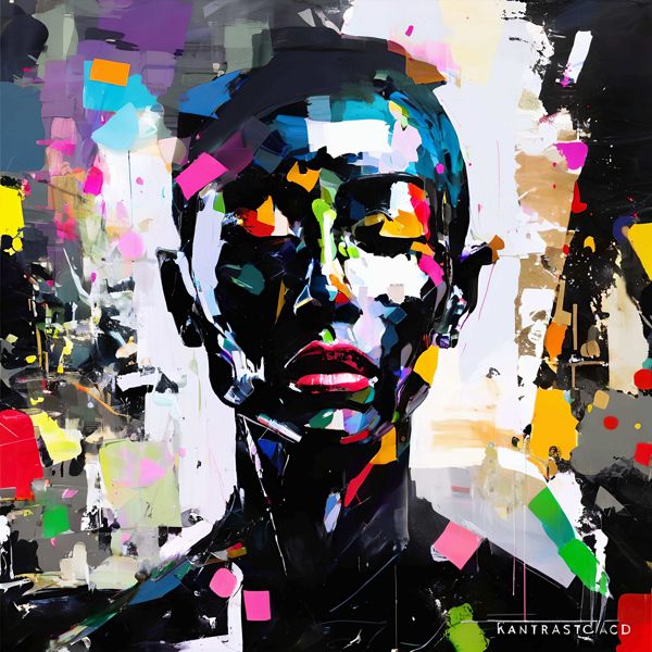 最初の商品画像がポスターの全体図です．2 番めの商品画像として中央部分の拡大図をのせています． 【GPT5/4o による解説】 (正確でない場合がありますので，ご注意ください.) 黒を基調にした立体的な顔貌へ，鮮烈な絵具の破片が躍る本作は，...