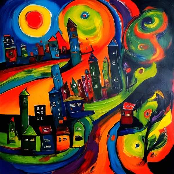 最初の商品画像がポスターの全体図です．2 番めの商品画像として中央部分の拡大図をのせています． 【GPT5/4o による解説】 (正確でない場合がありますので，ご注意ください.) 灼熱のオレンジと深い群青がぶつかり合い，街並みは波打つ大地に...