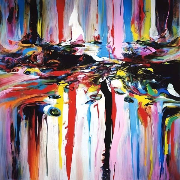 最初の商品画像がポスターの全体図です．2 番めの商品画像として中央部分の拡大図をのせています． 【GPT5/4o による解説】 (正確でない場合がありますので，ご注意ください.) この絵は，抽象表現主義の影響を強く受けた作品です． 色彩の大...