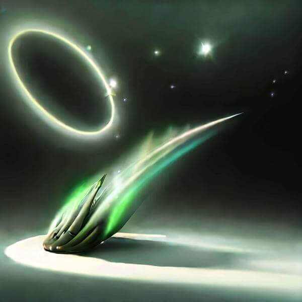 最初の商品画像がポスターの全体図です．2 番めの商品画像として中央部分の拡大図をのせています． 【GPT5/4o による解説】 (正確でない場合がありますので，ご注意ください.) 暗い空間に，緑がかった光の尾を引く物体が斜めに滑り込み，地面...